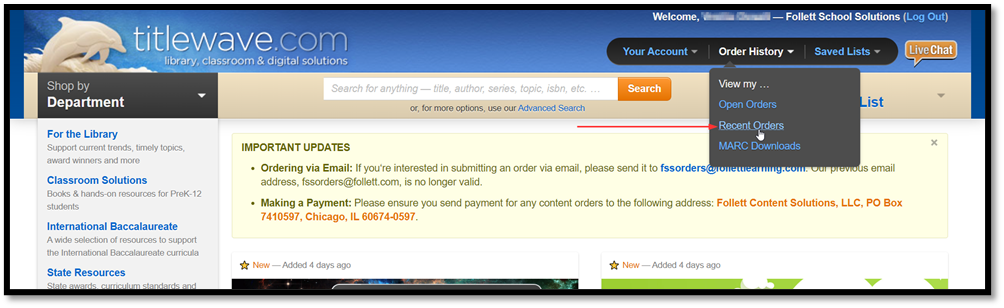 Add Titles from Another List to This Order – Order History