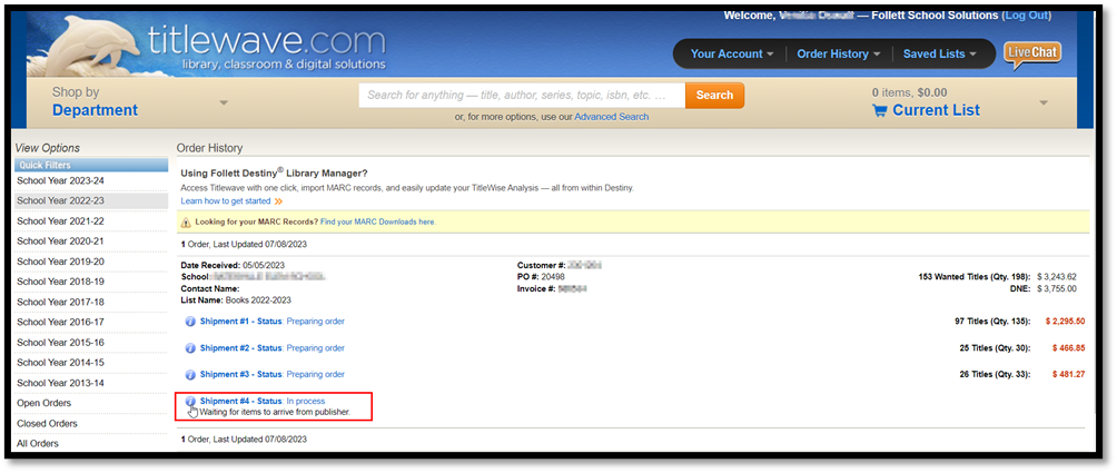 Add Titles from Another List to This Order – Order History